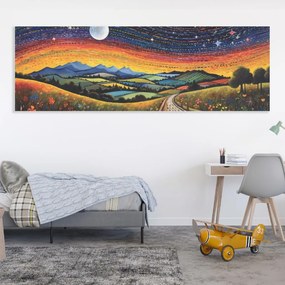 Obraz na plátně - Noční obloha s čárkami a krajina s horami FeelHappy.cz Velikost obrazu: 240 x 80 cm