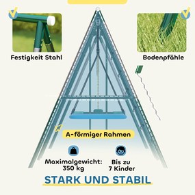houpací rám 5 v 1 s nastavitelným hnízdem Gymnastické kruhy Dvoumístná prolézačka pro 3-8 let 440x175x203 cm