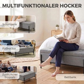 HOMCOM úložná lavice, lněný taburet s 2 přihrádkami, víky na pantech a extra polstrováním, sedadlo s knoflíkovým prošitím — (117 x 50 x 44 cm), šedá