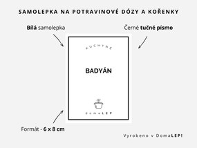 BADYÁN - omyvatelná samolepka na kořenky, výběr rozměrů Ø 5 cm / 5 x 5 cm / 6 x 8 cm | DomaLEP tvar: KOLEČKO, barva: BÍLÁ - ČERNÉ písmo, velikost: Ø 5 cm - základní písmo