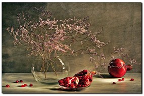 Obraz na plátně - Zátiší - větev a granátové jablko 1274A (100x70 cm)