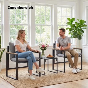 Outsunny 3dílný bistro set pro 2 osoby — kovový rám, polstrovaná křesla a odkládací stolík, zahradní nábytek na balkon, terasu nebo trávník