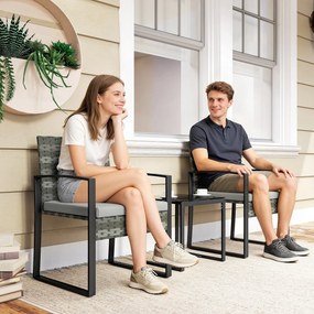 Ratanový bistro set, 3dílná sada zahradního nábytku se 2 zahradními židlemi, konferenčním stolkem, odnímatelnými polštáři, světle šedý