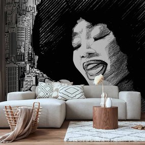 Fototapeta Jazzová zpěvačka - černobílá žena zpívající na pozadí města