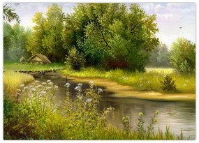 Skleněný obraz - Řeka u lesa, olejomalba (70x50 cm)