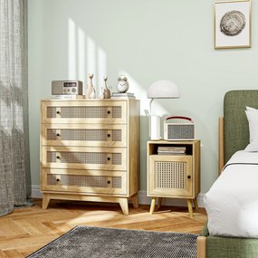 HOMCOM Komoda se 4 šuplíky s ratanovým ratanem 80 x 35 x 95 cm Světlé dřevěné provedení