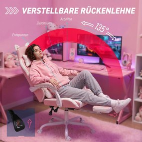 Vinsetto růžové herní křeslo s kočičími ušima — ergonomické, polohovatelné, PU kůže, s podnožkou a odnímatelnou opěrkou hlavy i bederní oporou