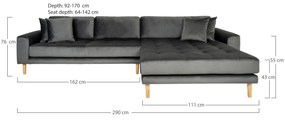 House Nordic Lounge Sofa, pravá strana, tmavě šedý samet, čtyři polštáře a nohy z přírodního dřeva, HN1013