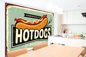 DIMEX | Samolepicí vliesová fototapeta na zeď Cedule - Hot dog MA-5-2097 | 375 x 250 cm | modrá, bílá, černá, oranžová