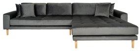 House Nordic Lounge Sofa, pravá strana, tmavě šedý samet, čtyři polštáře a nohy z přírodního dřeva, HN1013