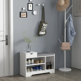 HOMCOM Botníková lavice, úložná lavice, 1 zásuvka a 3 přihrádky, nábytek do předsíně s polstrovaným sedákem, pro chodbu, předsíň, ložnici, 76,5 x 30 …
