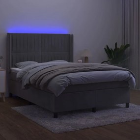 Box spring postel s matrací a LED světle šedá 140x190 cm samet 3139679