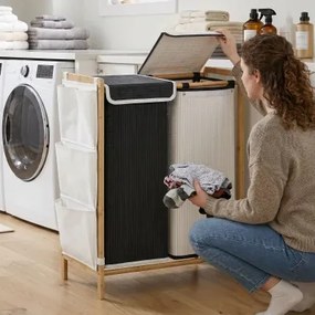 HOMCOM koš na prádlo s víkem 120 L z bambusu se 2 přihrádkami, taškami se stahovací šňůrou, bočními kapsami, bílá a černá