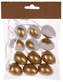 Velikonoční vajíčka na zavěšení zlatá a bílá s peříčkem 4 cm- 12 ks