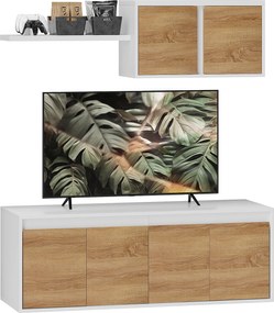Sada TV stolku a nástěnné skříňky HOMCOM s 7 policemi a otevřenou policí, Dřevotříska, 120x41x43,3 cm, Bílá a dřevěná barva | Aosom