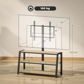 HOMCOM TV nábytek s držákem pro televizory přibližně 81–178 cm, otevřené police, nastavitelný úhel 35°, 108x41x135 cm, přírodní dřevěný vzhled