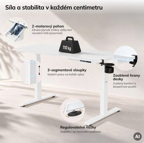 Elektrický stůl s nastavitelnou výškou ergonomický bílý,1400x700 mm: ARIA