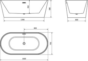 Mexen Luna, volně stojící vana 160 x 75 cm, bílá-černá, růžové zlato přepad, 52031607575-60