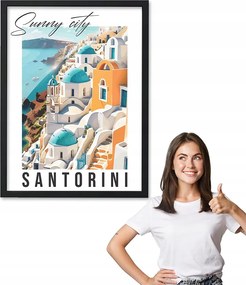 Obraz s rámečkem vzor město Santorini černý rámeček 50x70 do kuchyně, jídelny