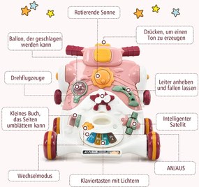 Costway 3 v 1 sedací stojánkové chodítko Dětské chodítko růžové, růžový