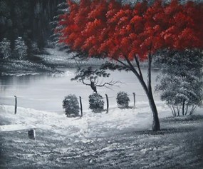 Obraz - Krajina s červeným stromem