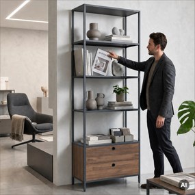 Regál se zásuvkami do kanceláře, na šanony a dokumenty, otevřené police, kovový, antracitový/ořech, 800x2200x400 mm: ARIEL Eco Design