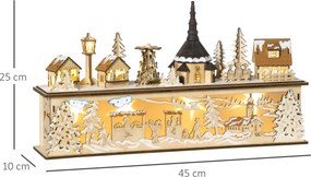 HOMCOM Vánoční dekorace, vánoční vesnička, 10 LED, teplé bílé světlo, 45 x 10 x 25 cm, dekorace ze dřeva