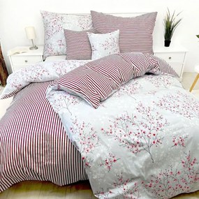 Bavlněné Saténové povlečení Sakura + Linky Červené oboustranné Zapínání: zip, Velikost polštáře: 50x70, Velikost přikrývky: 140x220