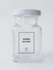 Samolepka na kořenky KOŘENÍ NA RYBY průhledná 3 × 4 cm tučné písmo