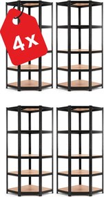 Regál 180x90x40 cm rohový lakovaný 5-policový, nosnost 875 kg - černý - 4ks