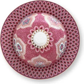 Pip Studio Flower Festival máselnice 17x8cm, tmavě růžová (Kulatá máslenka z tenkostěnného porcelánu)
