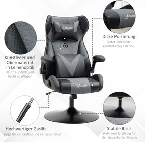 Ergonomická herní židle Vinsetto s nastavitelnou výškou, kulatou základnou, sklápěcími opěrkami, podhlavníkem a bederními polštáři, PU šedá černá