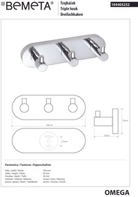 Bemeta Design OMEGA: Věšák, se 3 háčky -