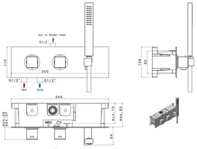 Sapho DIMY podomítková sprchová termostatická baterie s ruční sprchou, 2 výstupy,černá, DM493BL
