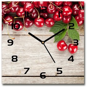 Wallmuralia Skleněné hodiny čtverec Višně na dřevě 30x30 cm
