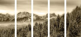 5-dílný obraz zamrzlé hory v sépiové provedení - 200x100 cm