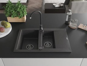 Mexen Gaspar, granitový dřez 737x475x177 mm, 1,5-komorový, černá skvrnitá s černým sifonem, 6507731505-76-B