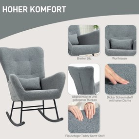 HOMCOM Houpací Křeslo, Houpací Křeslo s Teddy Tkaninou, Područky, Křeslo pro Kojení s Metalovými Kluzáky, Bederní Polštář, Recliner se Stranou Kapsou…