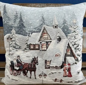 Tegatex Gobelínový povlak na polštář chenille - vánoční domky s koněm 42*42 cm