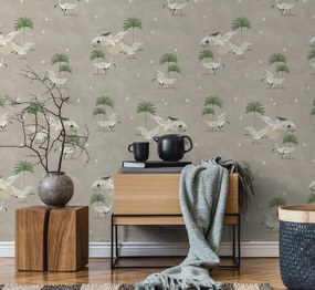 Okrová romantická vliesová tapeta na zeď, ptáci, palmy 6501-4, Batabasta, ICH Wallcoverings