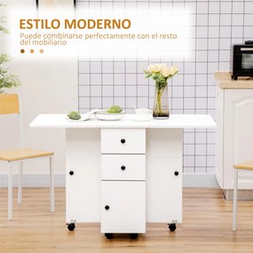 Skládací jídelní stůl HOMCOM s kolečky, skládacími křídlovými deskami, šuplíky a skříňkou pro 4-6 osob 120x60x76,5 cm Bílý