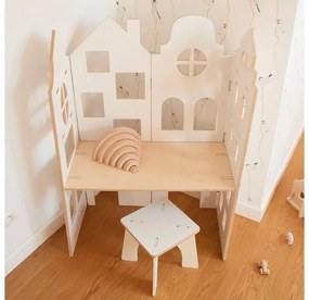 Myminihome Dětský stůl ve tvaru domku 2v1 + stolička bez opěrátka Zvolte barvu stran: Béžová, Zvolte barvu polic: Béžová