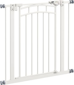 PawHut Rozšiřitelná bezpečnostní brána pro psy 74-80 cm, dvojité zamykání, automatické zavírání, tlaková montáž pro schody, výška 76 cm, bílá | Aosom