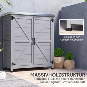Gartenschrank, Außenschrank mit Arbeitsfläche, Werkzeugschrank, Massivholz, Stahl, 79B x 43T x 92H cm, Grau
