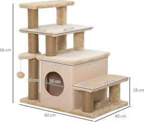 Schody pro domácí mazlíčky, škrabadlo, 4 schody, hrací míč, domeček, výškově nastavitelný, 60 x 40 x 66 cm, béžová barva
