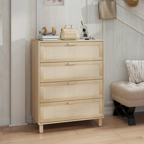 HOMCOM komoda se 4 zásuvkami, ratanový vzor, rozměry 80D x 40Š x 103V cm, MDF světlé dřevo