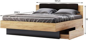 Postel 160x200, čalouněné čelo se šuplíky (bez rámu) Lava / dub kraft Luna