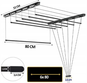 Erga Erga, stropní věšák na sušení prádla 6x80 cm, černá, ERG-SEP-10SUSSU6PCZ80