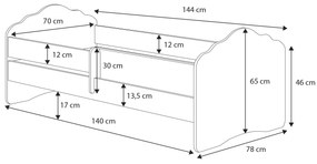 ADRK Postel CASIMO ELEPHANT, CH-Cas-Barr-Elep-140-E021, 140x70 cm se zábradlím a matrací, bílá/grafika