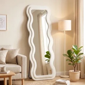 HOMCOM stojací zrcadlo s vlnitým sametovým rámem, 160x60 cm, tvrzené sklo, Krémová